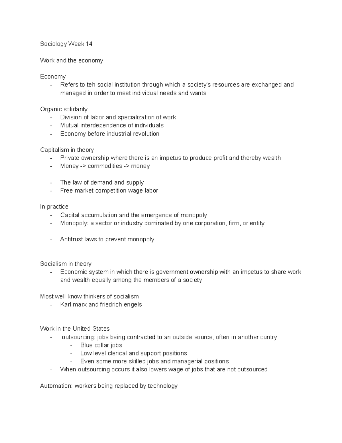 Sociology Week 14 - Professor Brian - Sociology Week 14 Work and the ...