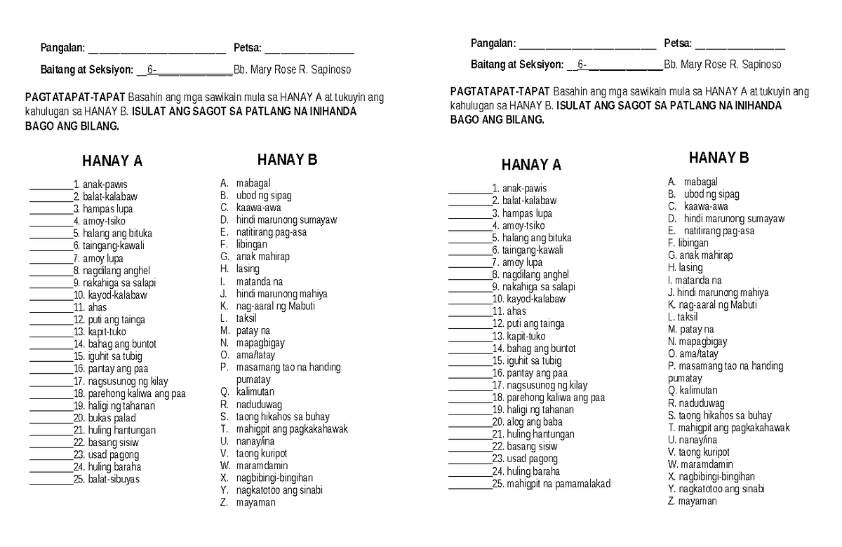 Sawikain - Pangalan: __________________________ Petsa: _________________ Baitang at Seksiyon ...