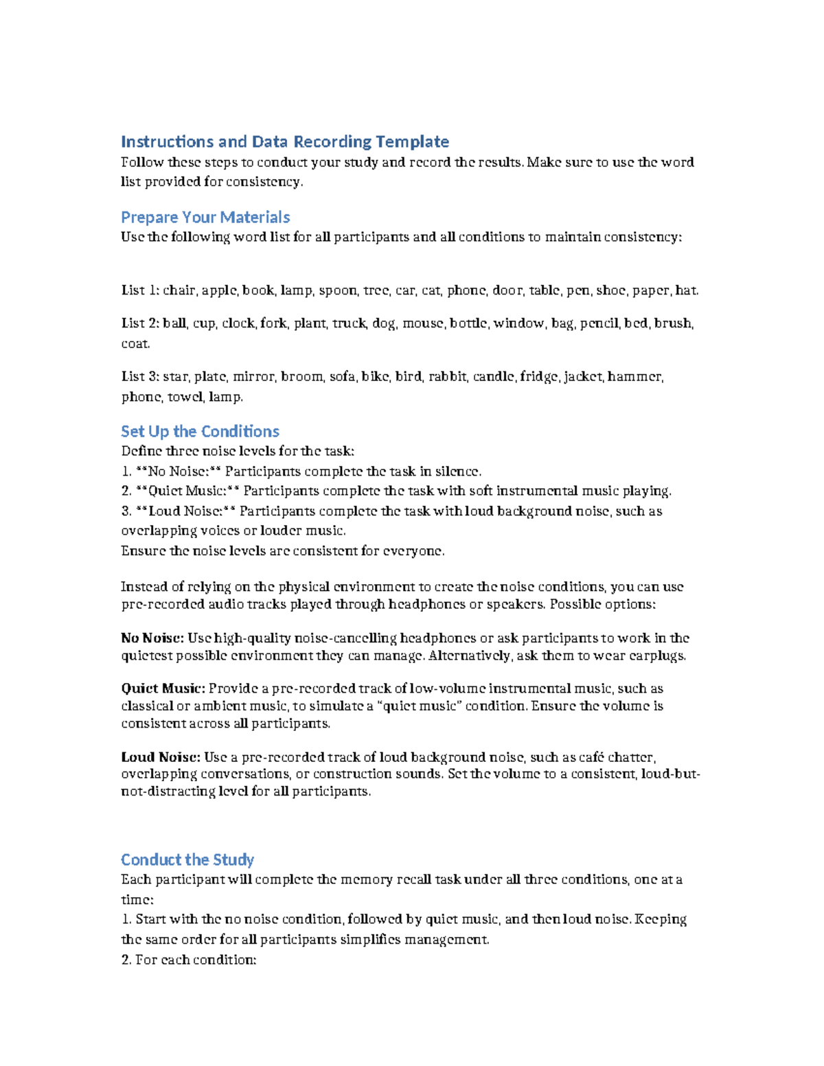 Memory Recall Study Template-2 - Instructions and Data Recording ...
