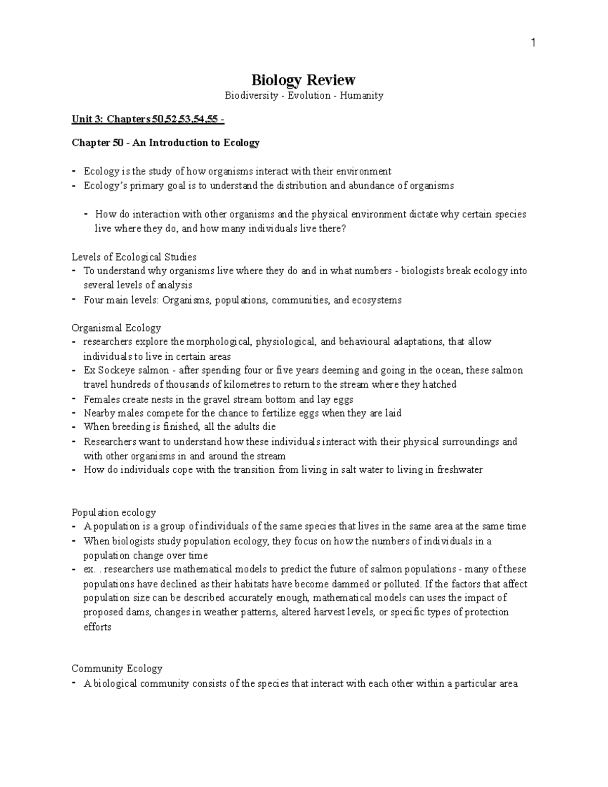 Ecology Notes chapter 50,51 - 1 Biology Review Biodiversity - Evolution ...