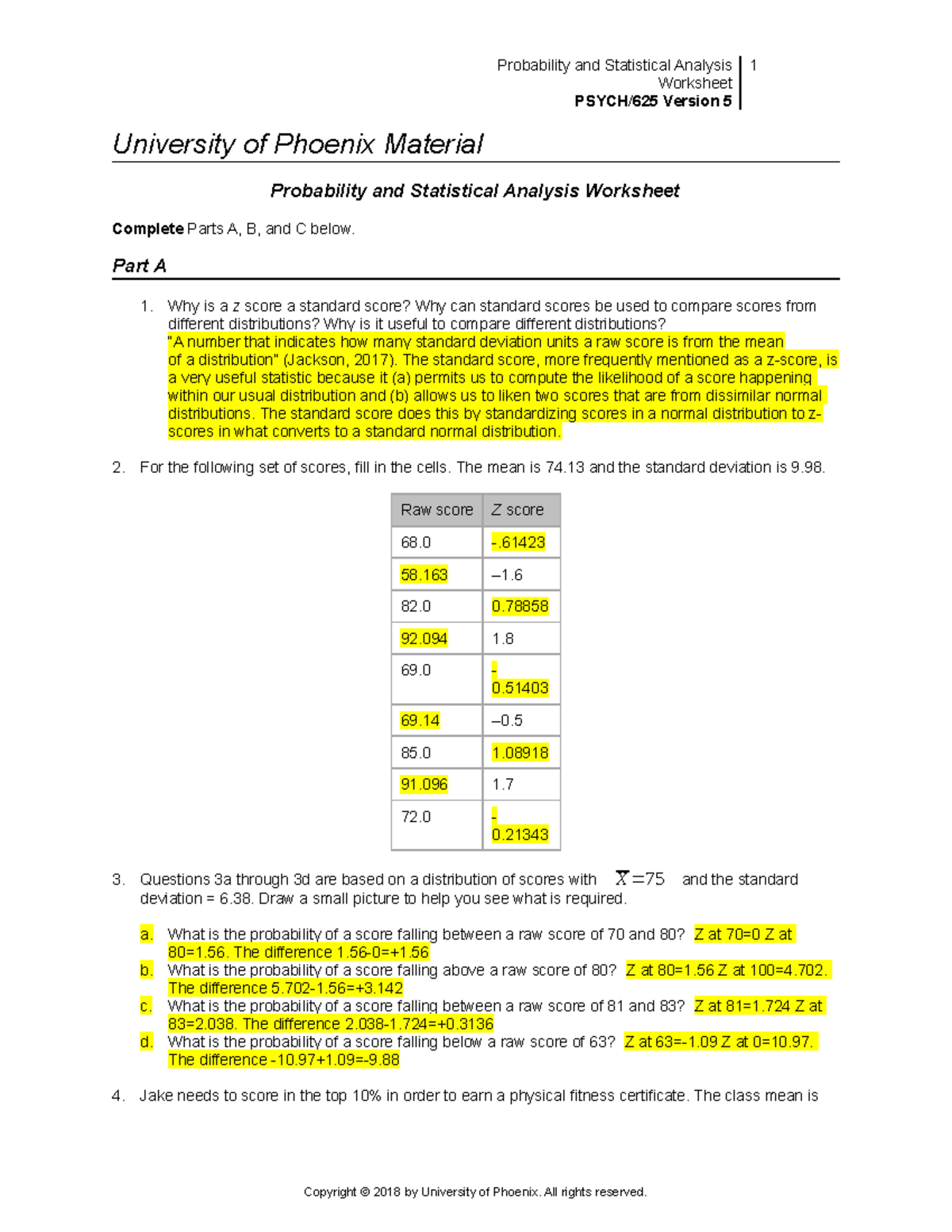 PSYCH 625 r5 Wk2 Probability Statistical Analysis - Worksheet PSYCH/625 ...