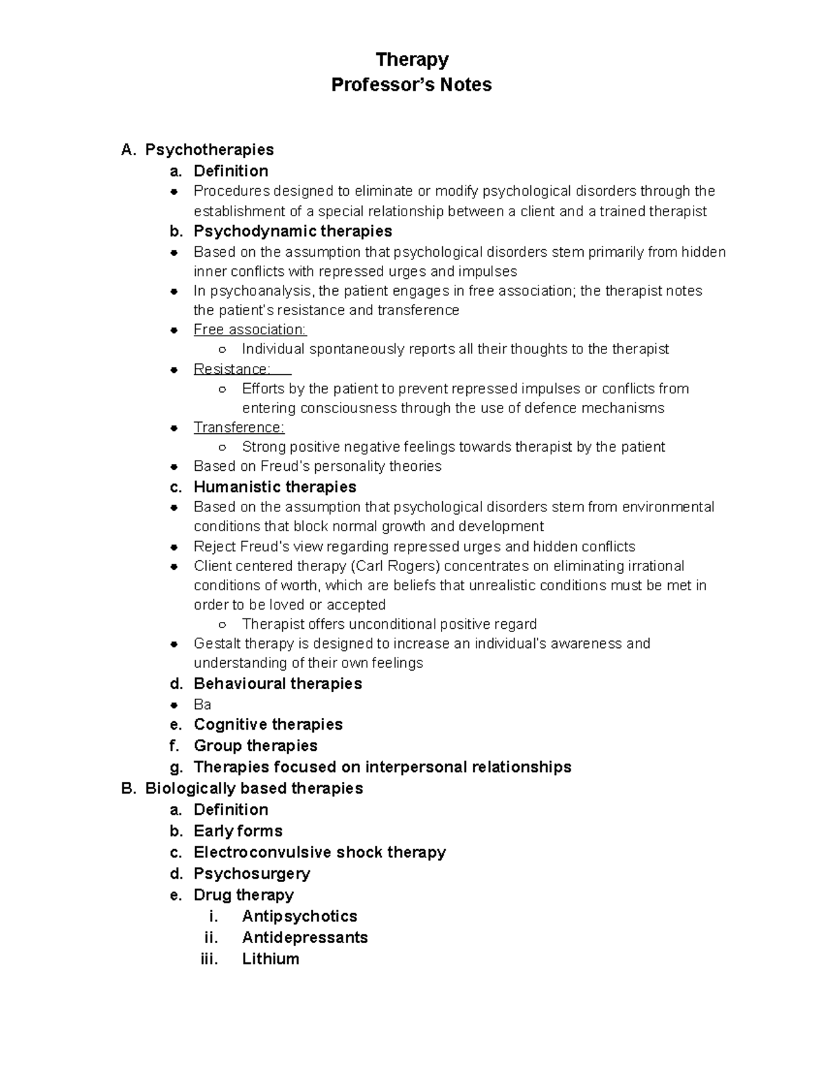 Therapy-prof notes - Therapy Professor’s Notes A. Psychotherapies a ...