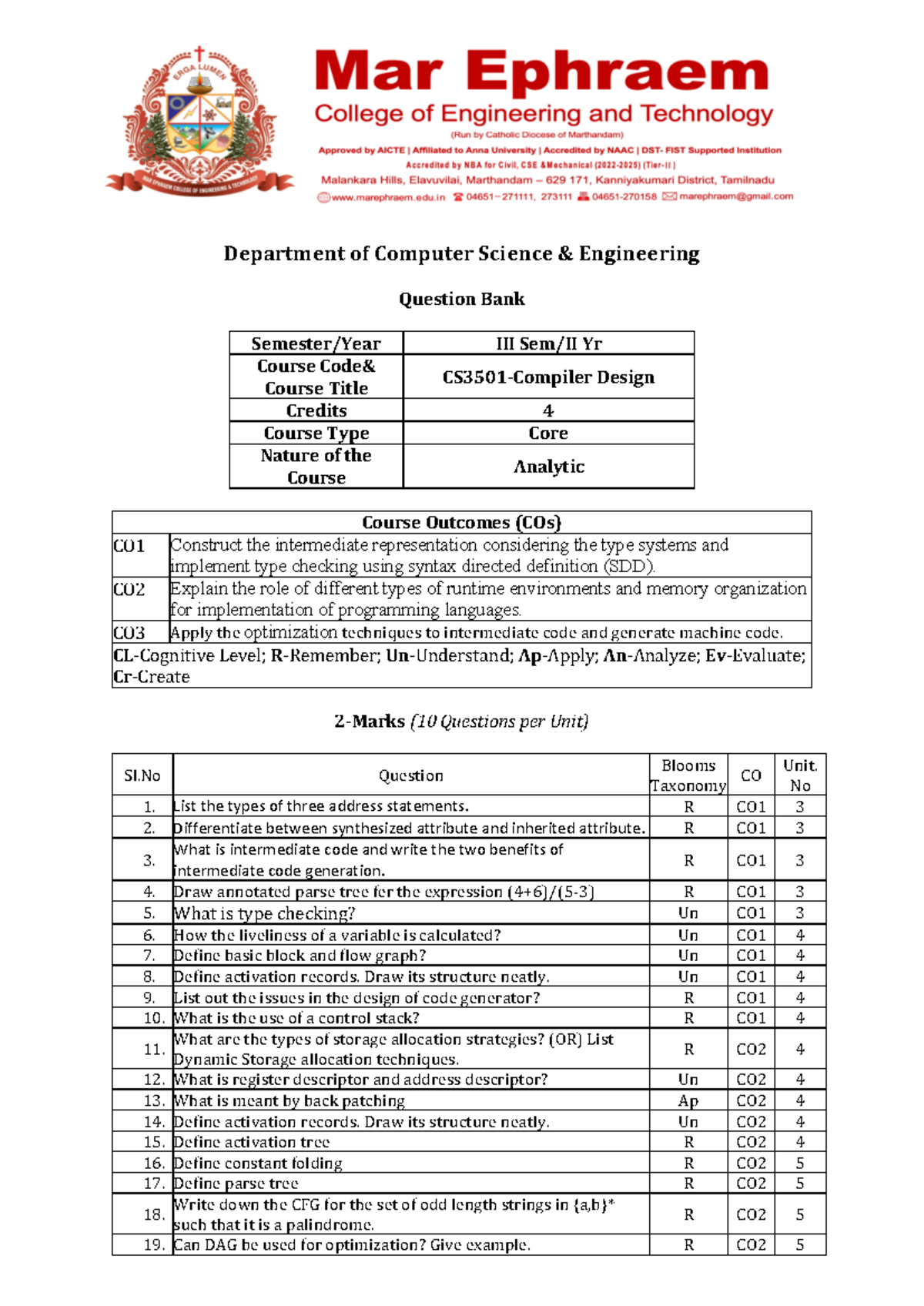 CS3501 CD QB 2 - Internal Question Paper - Department of Computer Science & Engineering Question ...