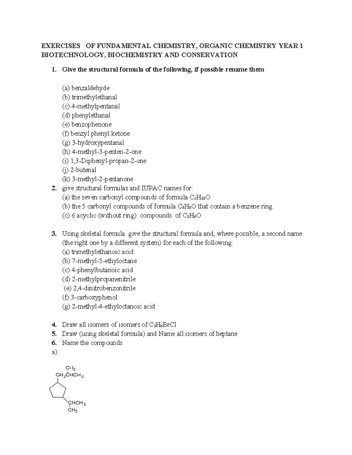 Exercises OF Fundamental Chemistry, Organic Chemistry YEAR 1 ...