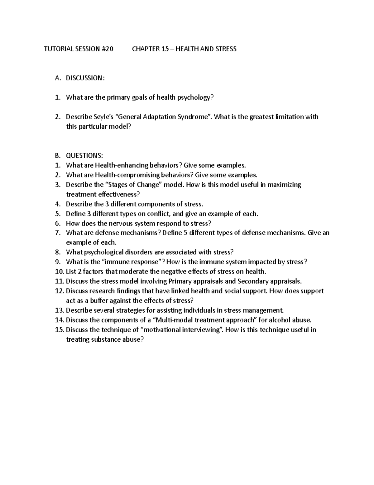 Ch 15 questions - TUTORIAL SESSION #20 CHAPTER 15 – HEALTH AND STRESS A ...