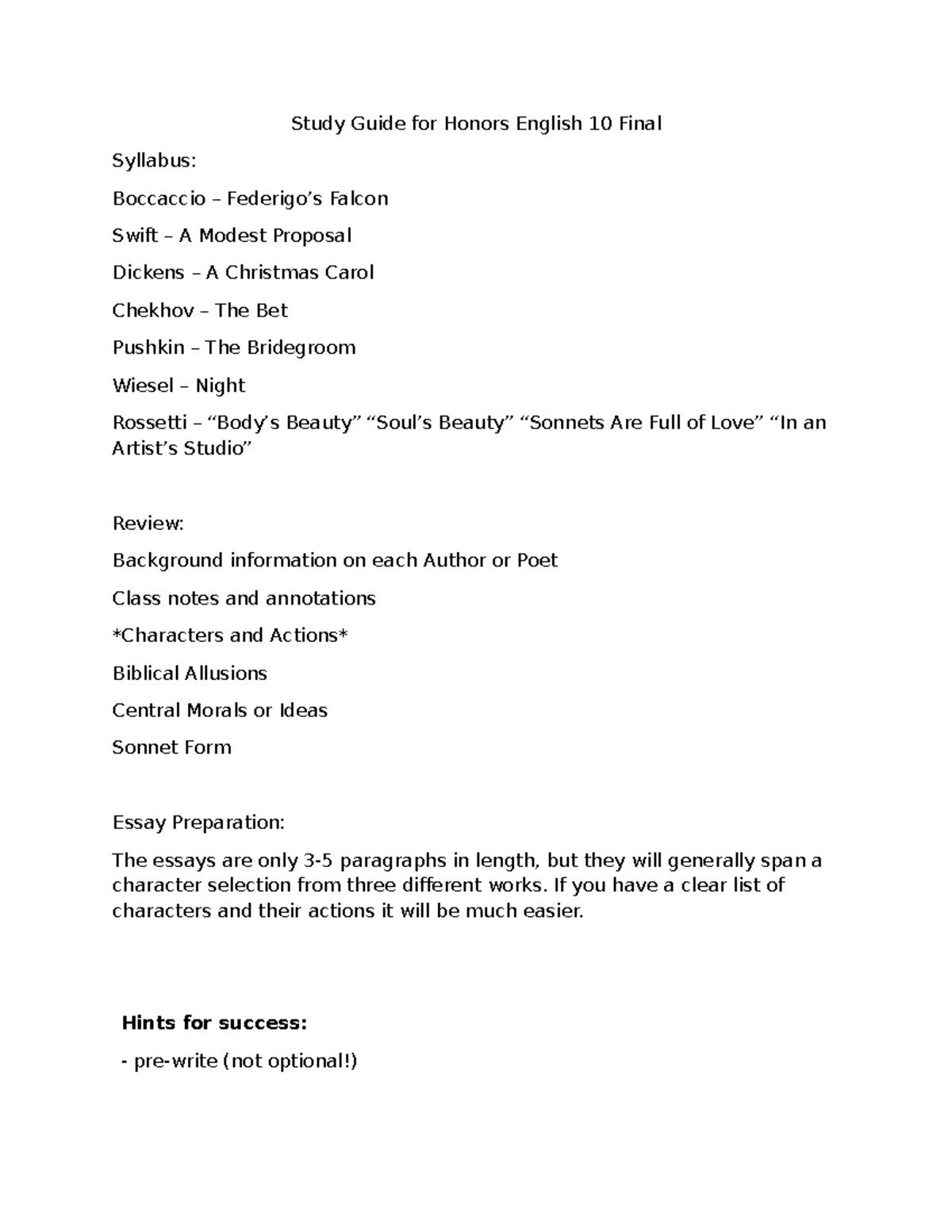 Study Guide for Honors English 10 Final - If you have a clear list of ...