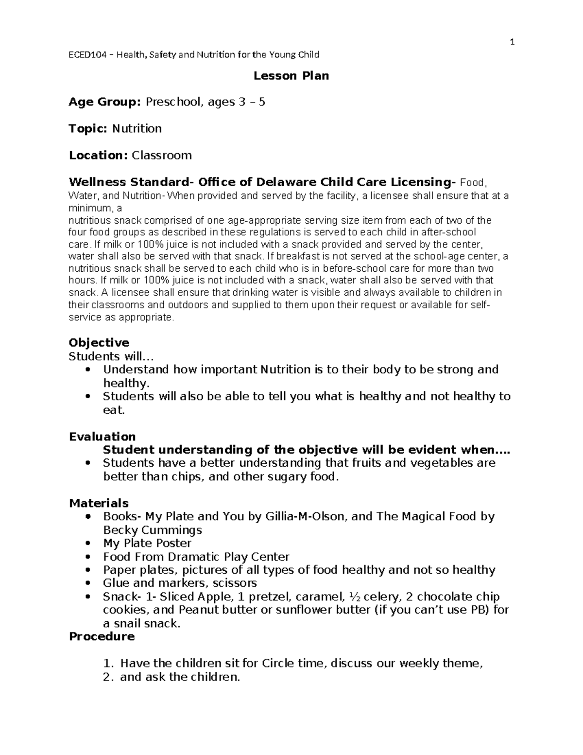 Child development lesson plan on Nutruition - 1 ECED104 – Health ...
