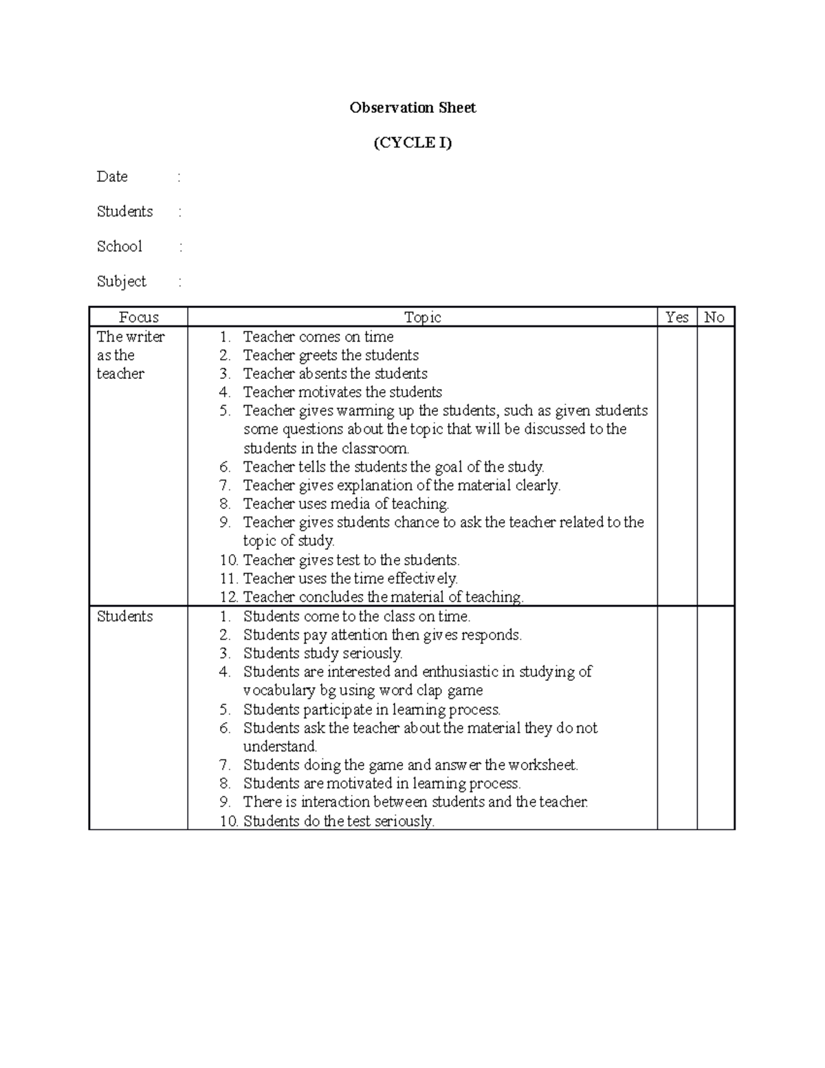 Observation Text for Thesis - Observation Sheet (CYCLE I) Date ...