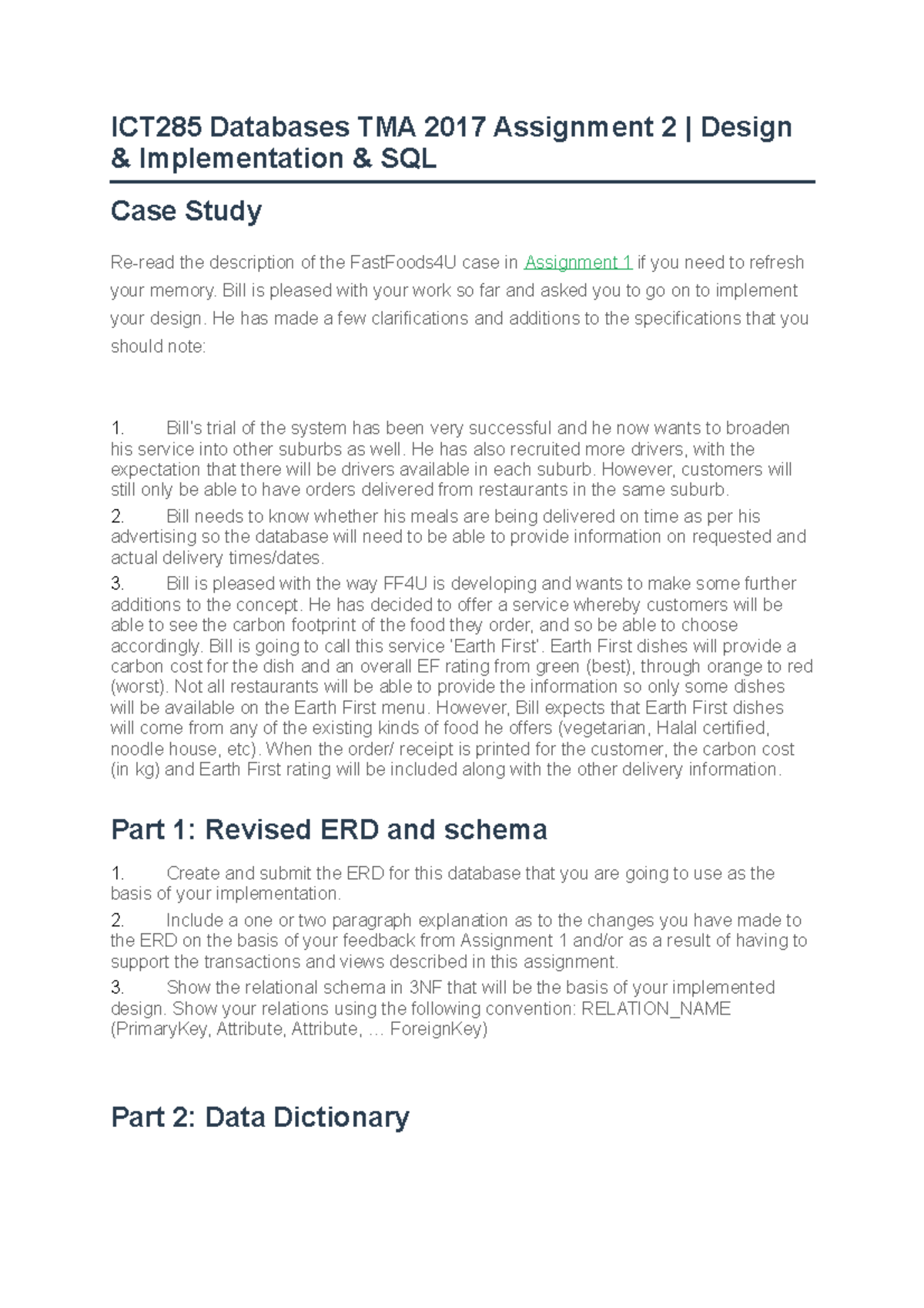 ICT285 Databases TMA 2017 Assignment 2 - ICT285 Databases TMA 2017 ...