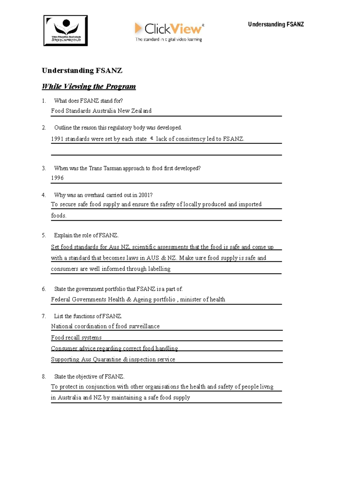 Fsanz - Understanding FSANZ While Viewing the Program 1. What does ...