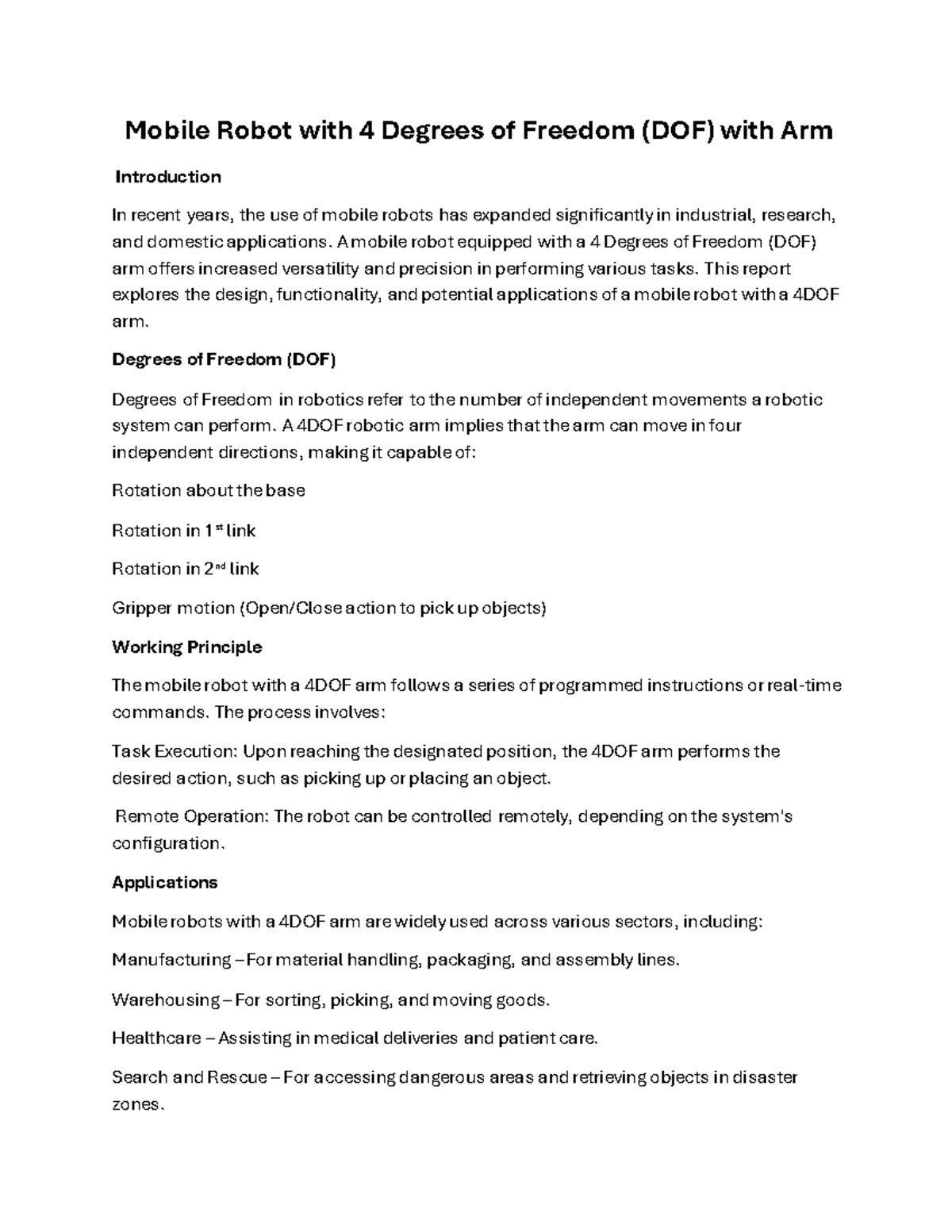 Mobile Robots Report - Assignment - Mobile Robot with 4 Degrees of Freedom (DOF) with Arm - Studocu