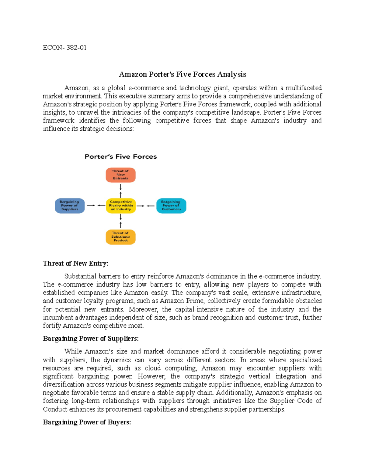 Business economics assignmnet 3 - ECON- 382- Amazon Porter's Five ...