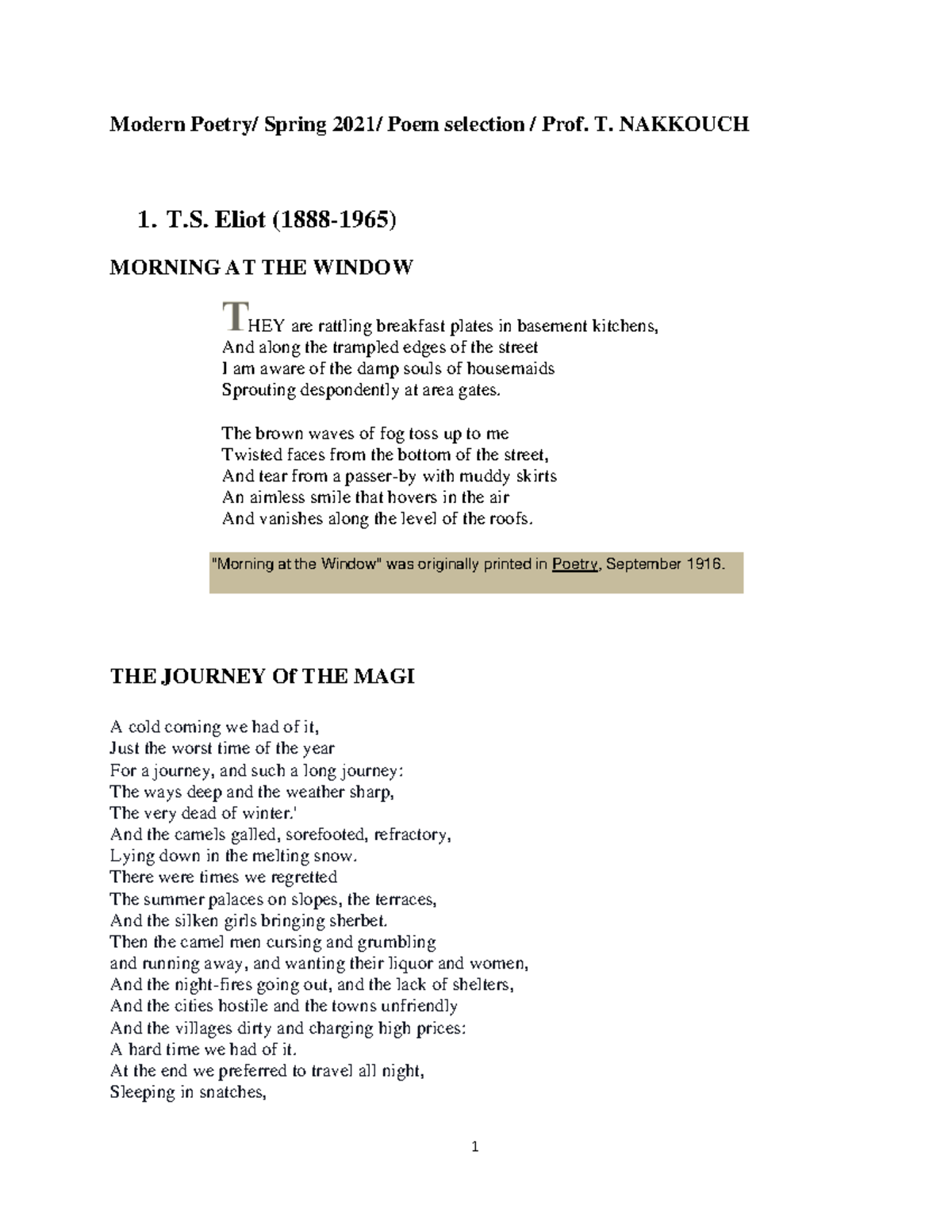 Selected Poems - methodology exam - Modern Poetry/ Spring 2021/ Poem ...