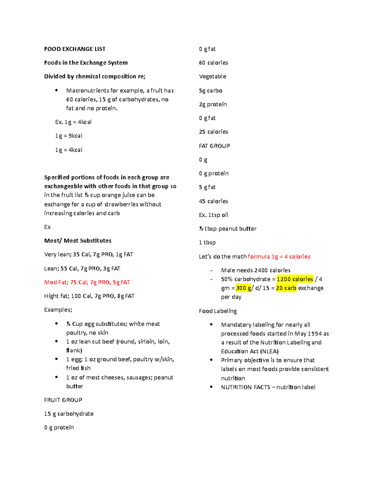 FOOD Exchange LIST Lecture FOOD EXCHANGE LIST Foods In The Exchange 