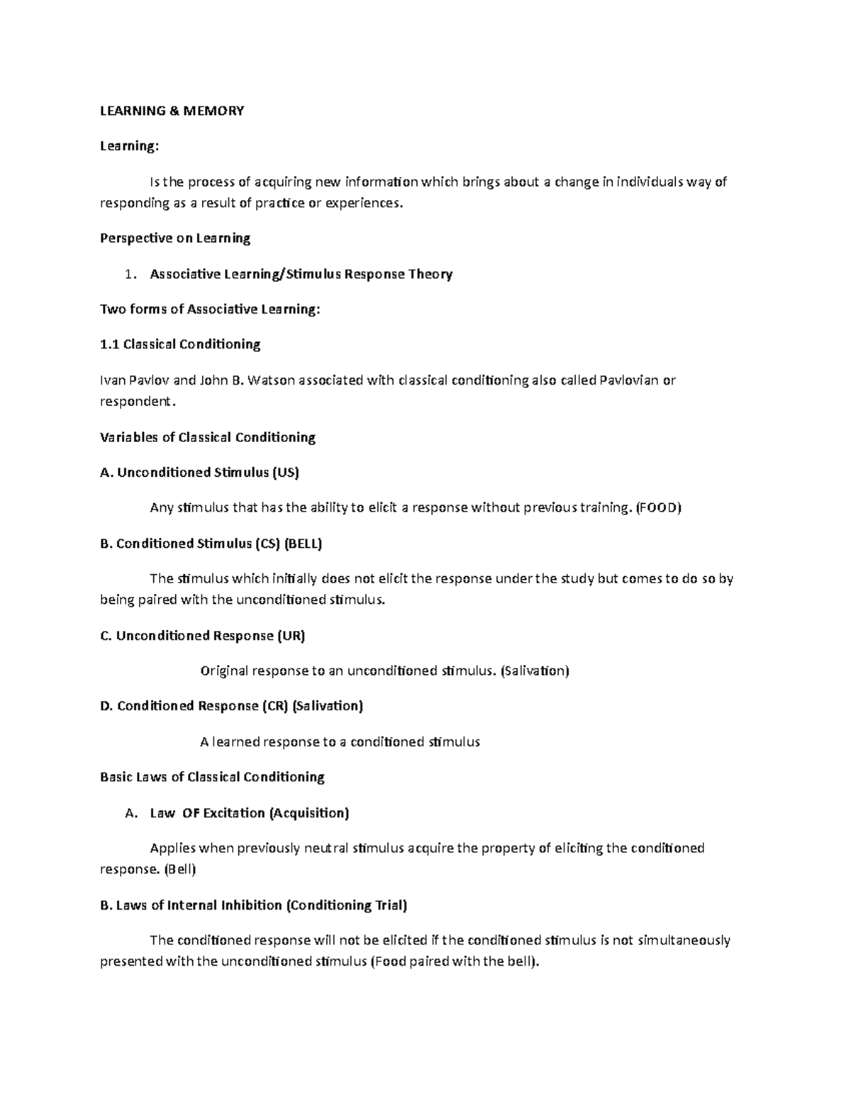 Learning - Lecture notes 6 - LEARNING & MEMORY Learning: Is the process ...