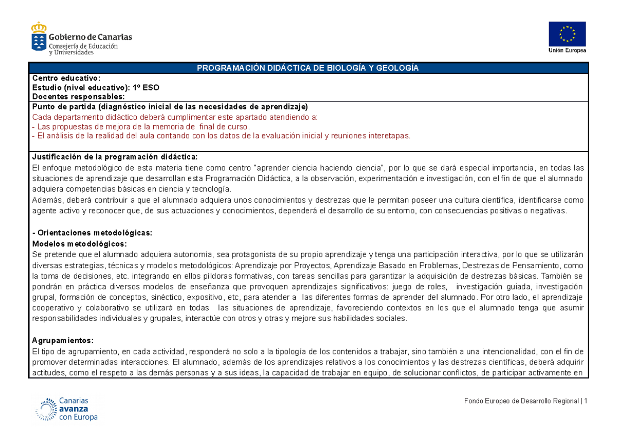 PD Lomce Canarias Proyecto Brujula Bio Eso2 - PROGRAMACIÓN DIDÁCTICA DE BIOLOGÍA Y GEOLOGÍA ...