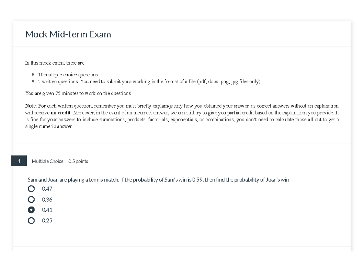 Mock Mid-term Exam - You need to submit your working in the format of a file (pdf, docx, png ...