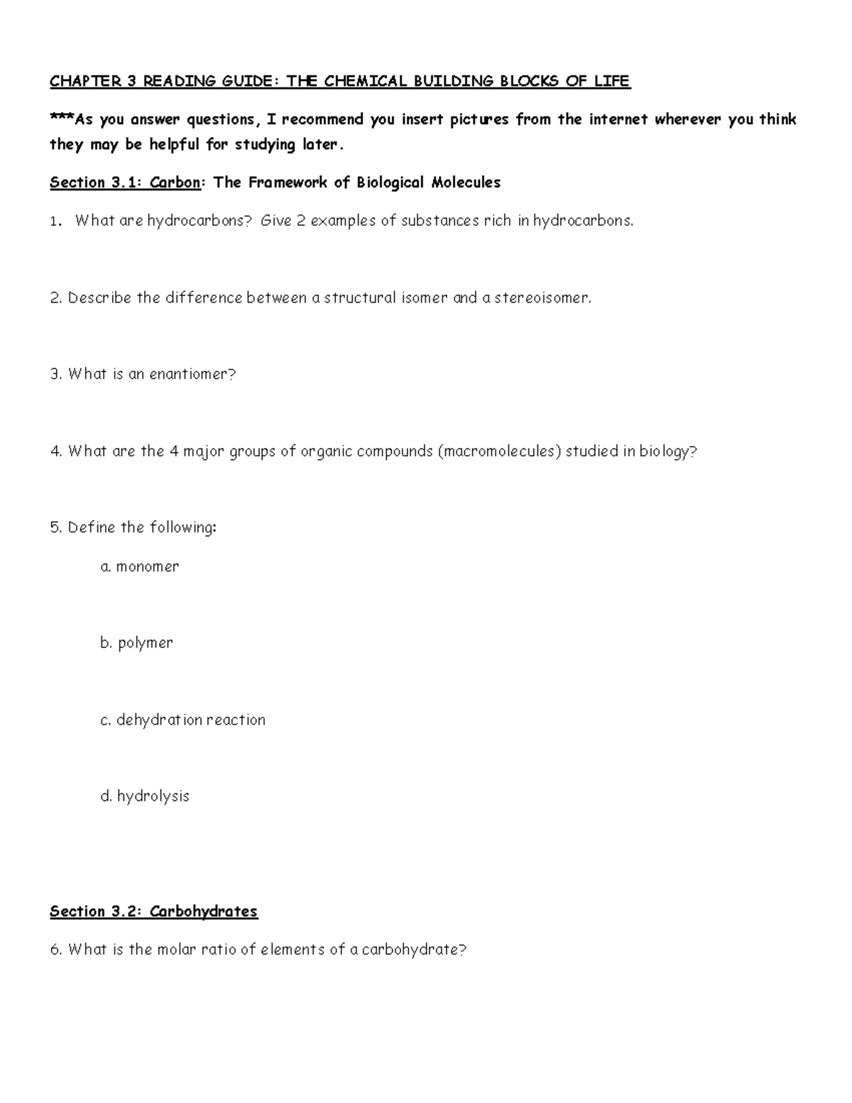 Ch 3 Chemical Building Blocks of Life-1 - CHAPTER 3 READING GUIDE: THE ...