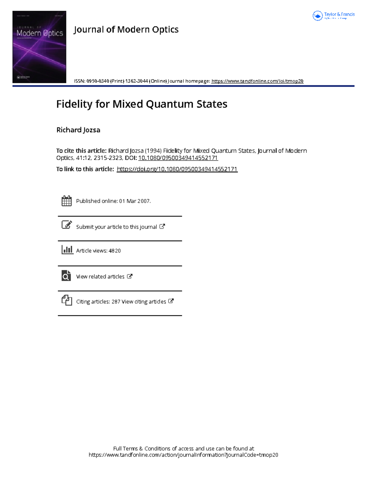 Fidelity for Mixed Quantum States - 1080/ Published online: 01 Mar 2007 ...