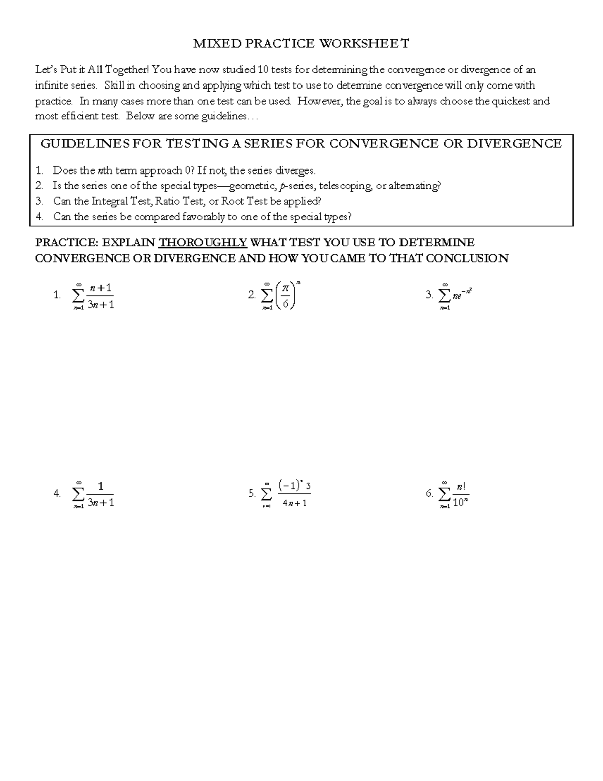 Mixed Series Practice Worksheet - MIXED PRACTICE WORKSHEET Let’s Put it ...