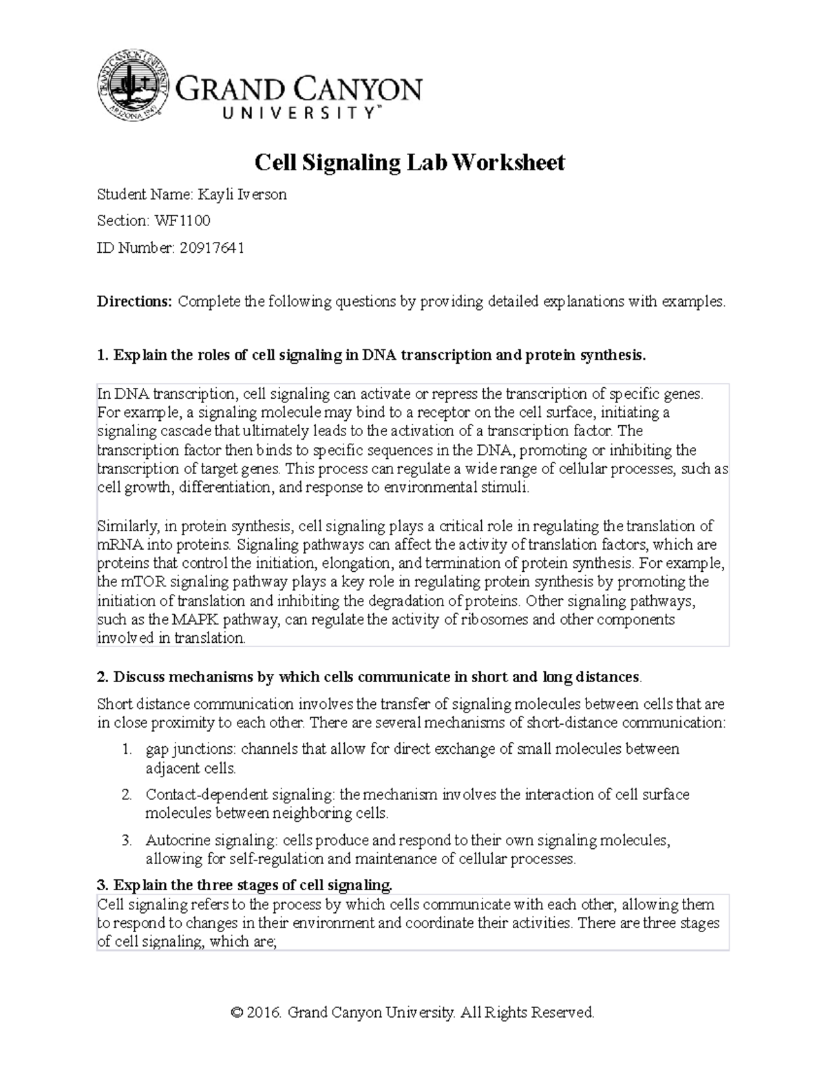 cell signaling lab - Cell Signaling Lab Worksheet Student Name: Kayli ...