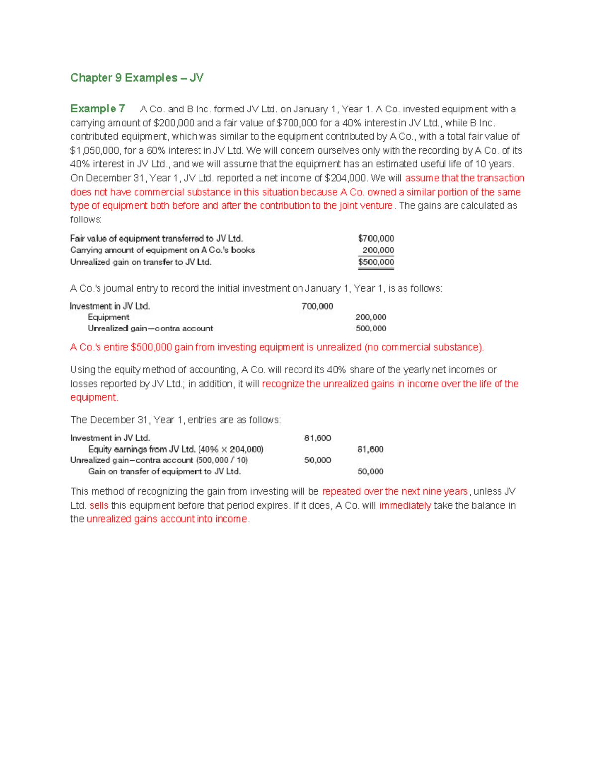 Chapter 9 - Joint Ventures, Joint Operations, SPE and DIT Practice problems - Chapter 9 Examples ...