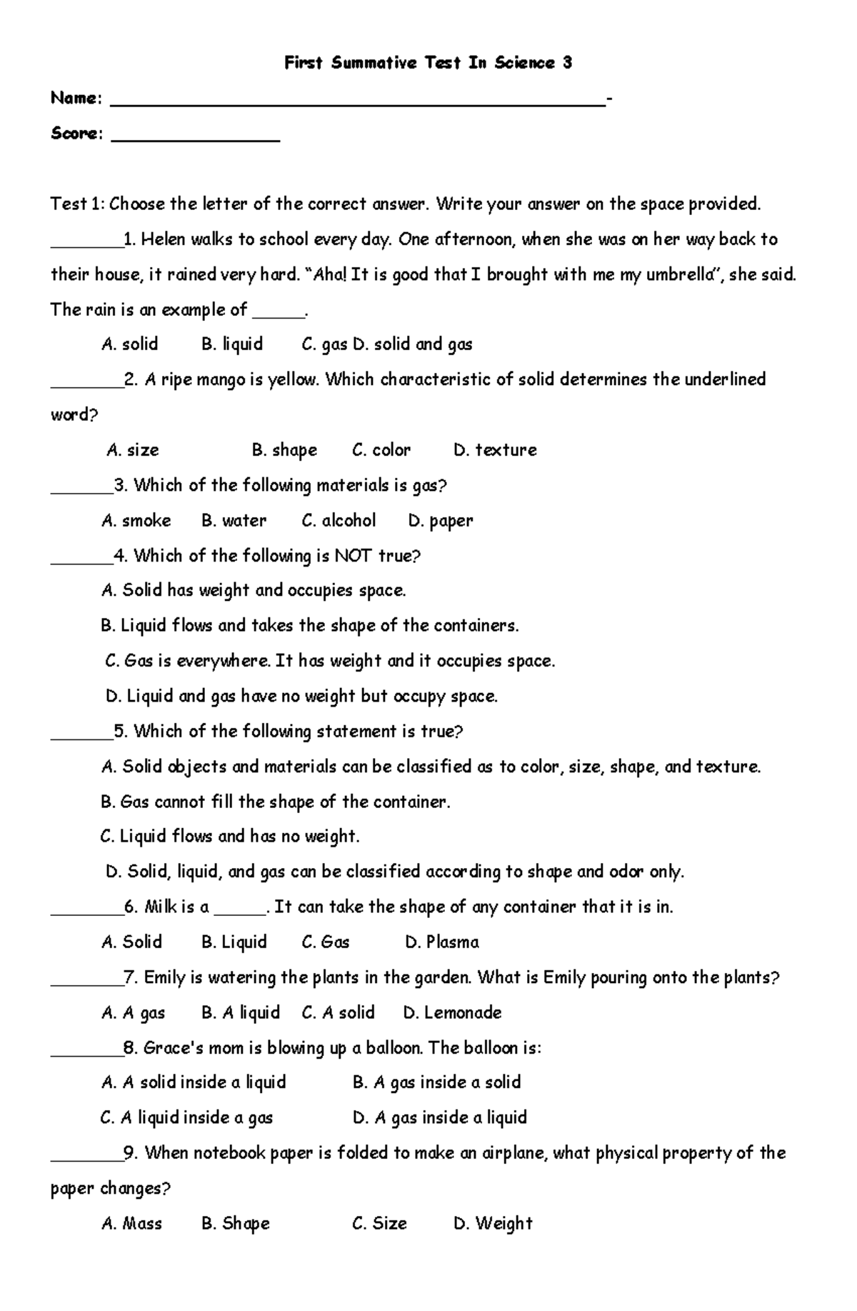 First Summative Test In Science 3 - Write your answer on the space ...