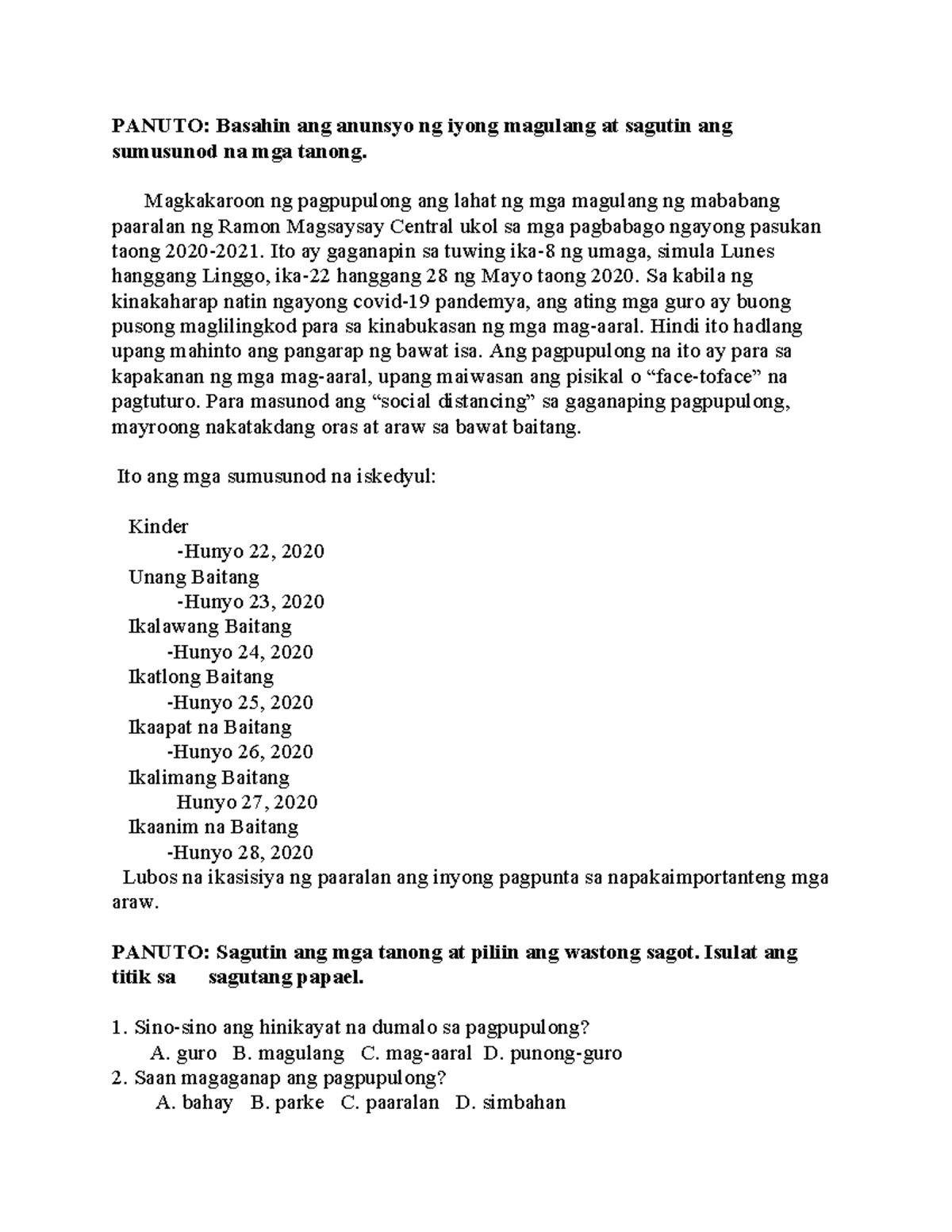 Fil 3 exam - PANUTO: Basahin ang anunsyo ng iyong magulang at sagutin ...