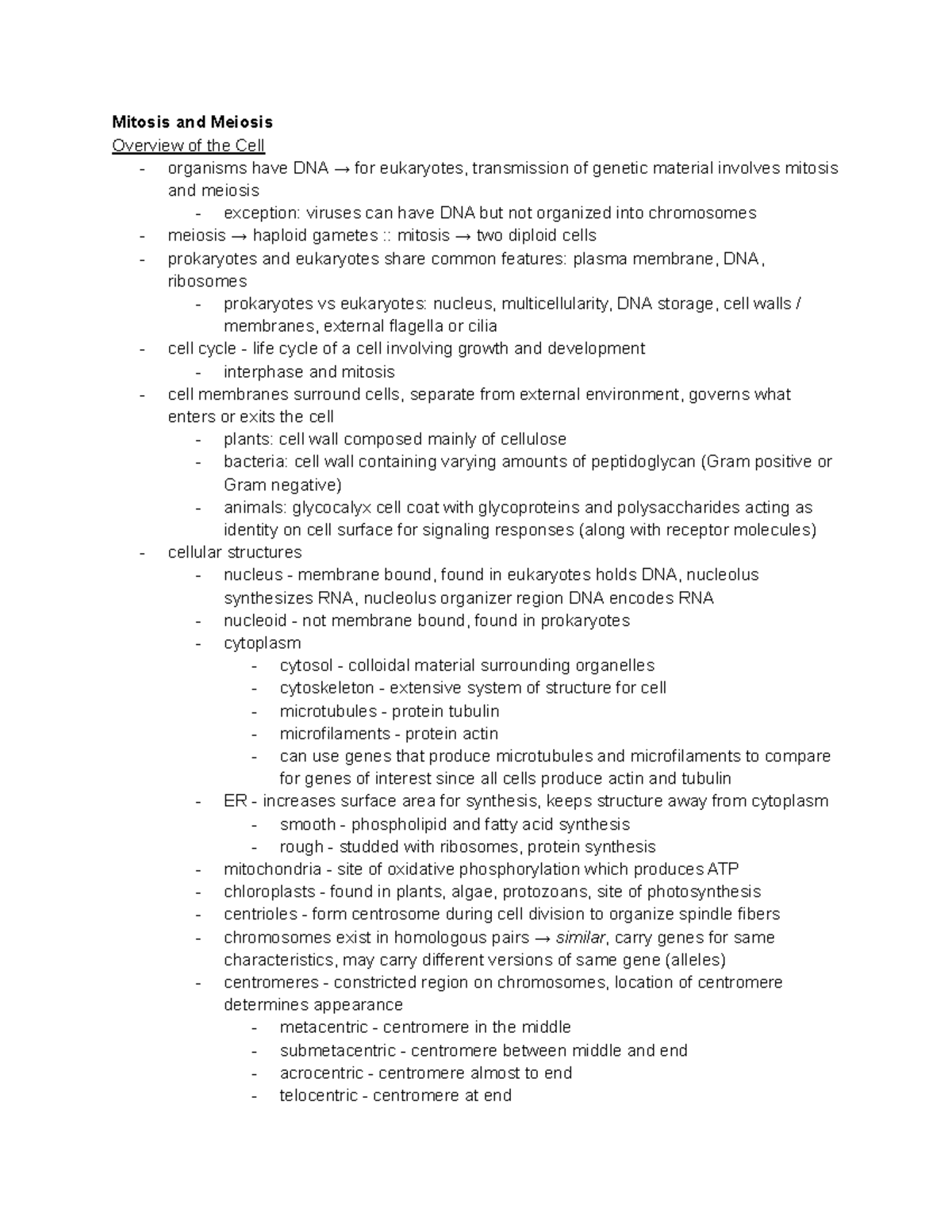ERAU BIO 215 Mitosis and Meiosis Notes - Mitosis and Meiosis Overview ...