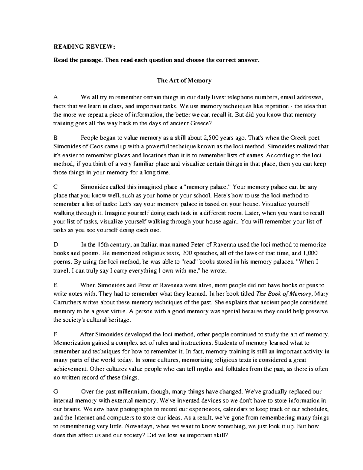 Reading FOR UNIT 5 - HELLO - READING REVIEW: Read the passage. Then ...