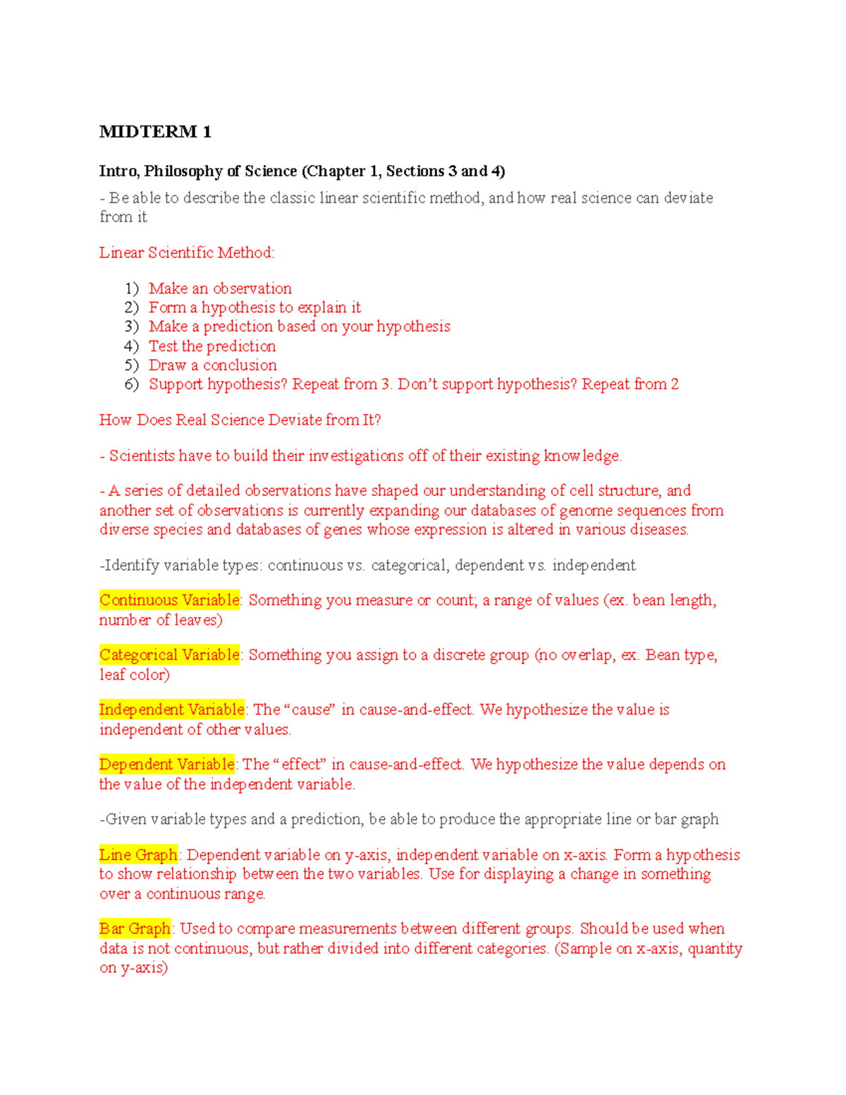 BIOL 141 Final Study Guide - MIDTERM 1 Intro, Philosophy of Science (Chapter 1, Sections 3 and 4 ...