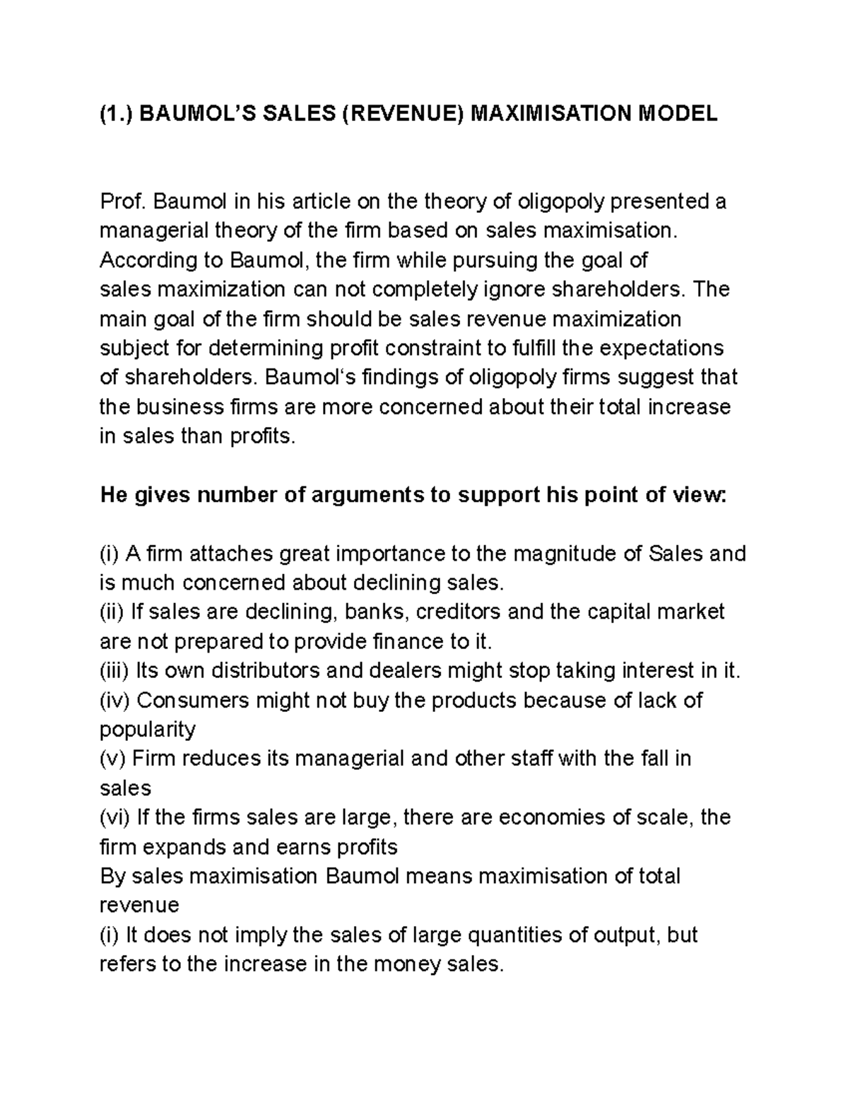 Theory of revenue and growth maximization notes - (1.) BAUMOL’S SALES ...