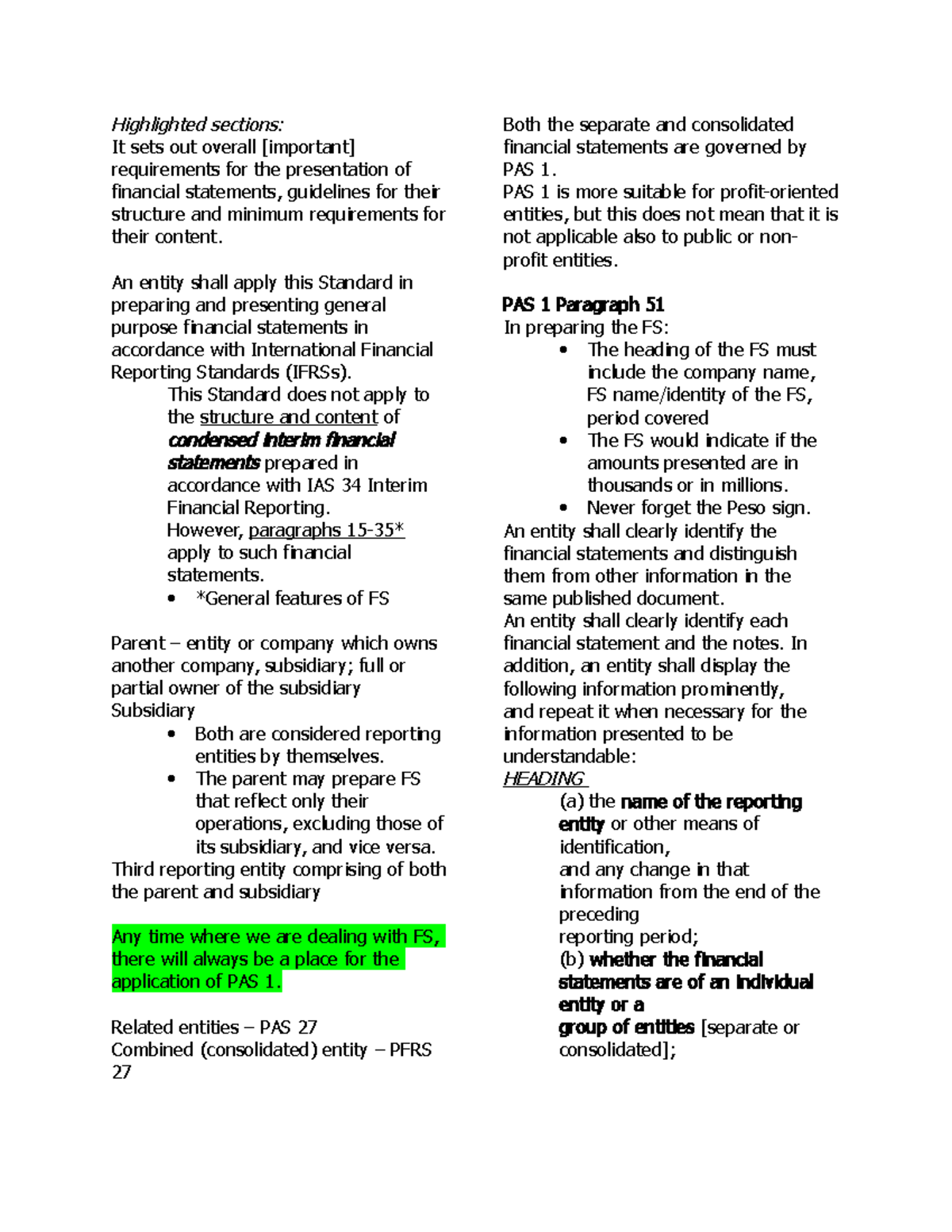 [ Notes] PAS 1 - This is based on IFRS. - Highlighted sections: It sets ...