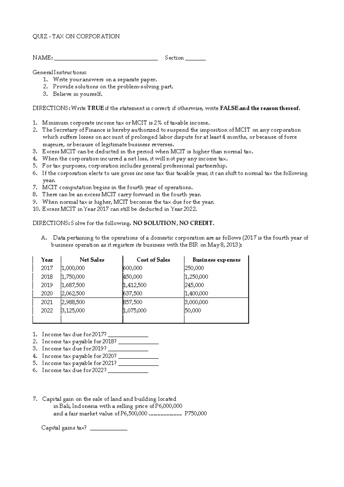 Quiz on Corporation-FM - QUIZ - TAX ON CORPORATION NAME