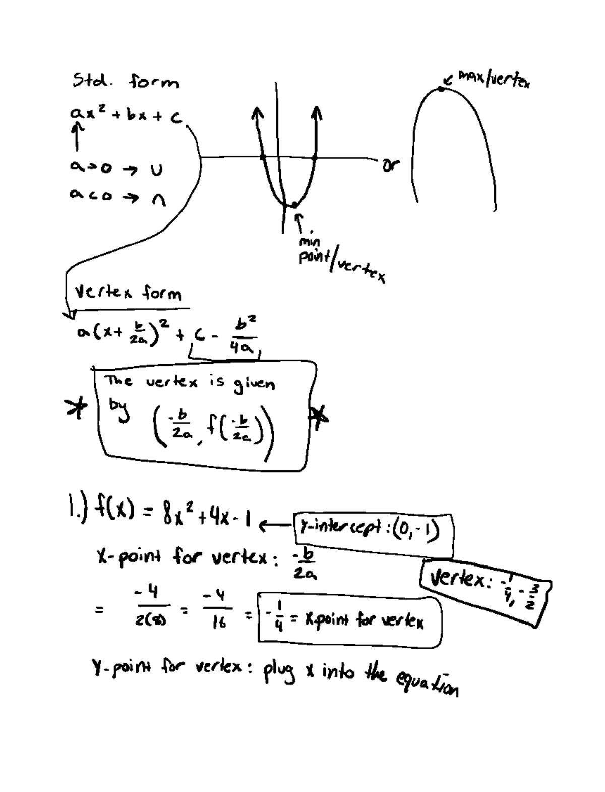 Sep 21 Math Notes 2 - Std form Max vertex ax t bx t c n a o u or M a co ...