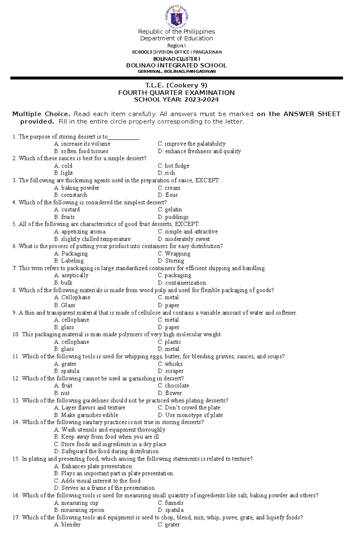 4TH Quarter EXAM - Republic of the Philippines Department of Education ...