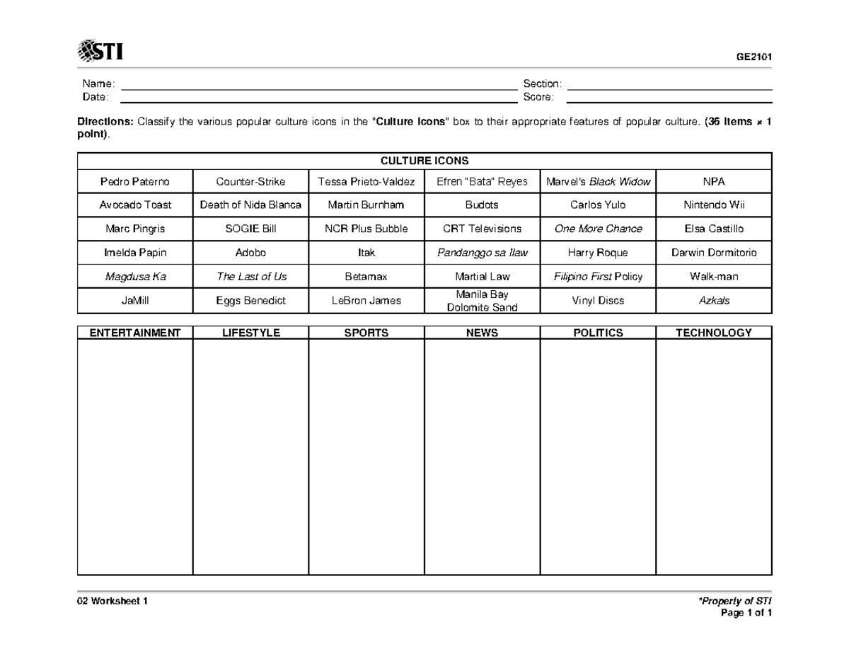 02 Worksheet 1(11) - pdf - GE 02 Worksheet 1 *Property of STI Page 1 of ...