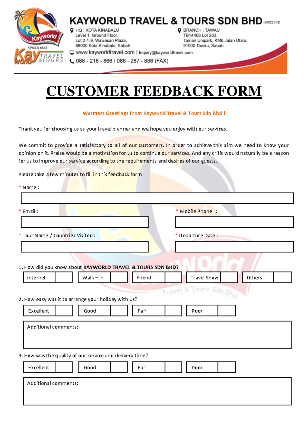 Standard Travel Agency Feedback Form Template - CUSTOMER FEEDBACK FORM ...