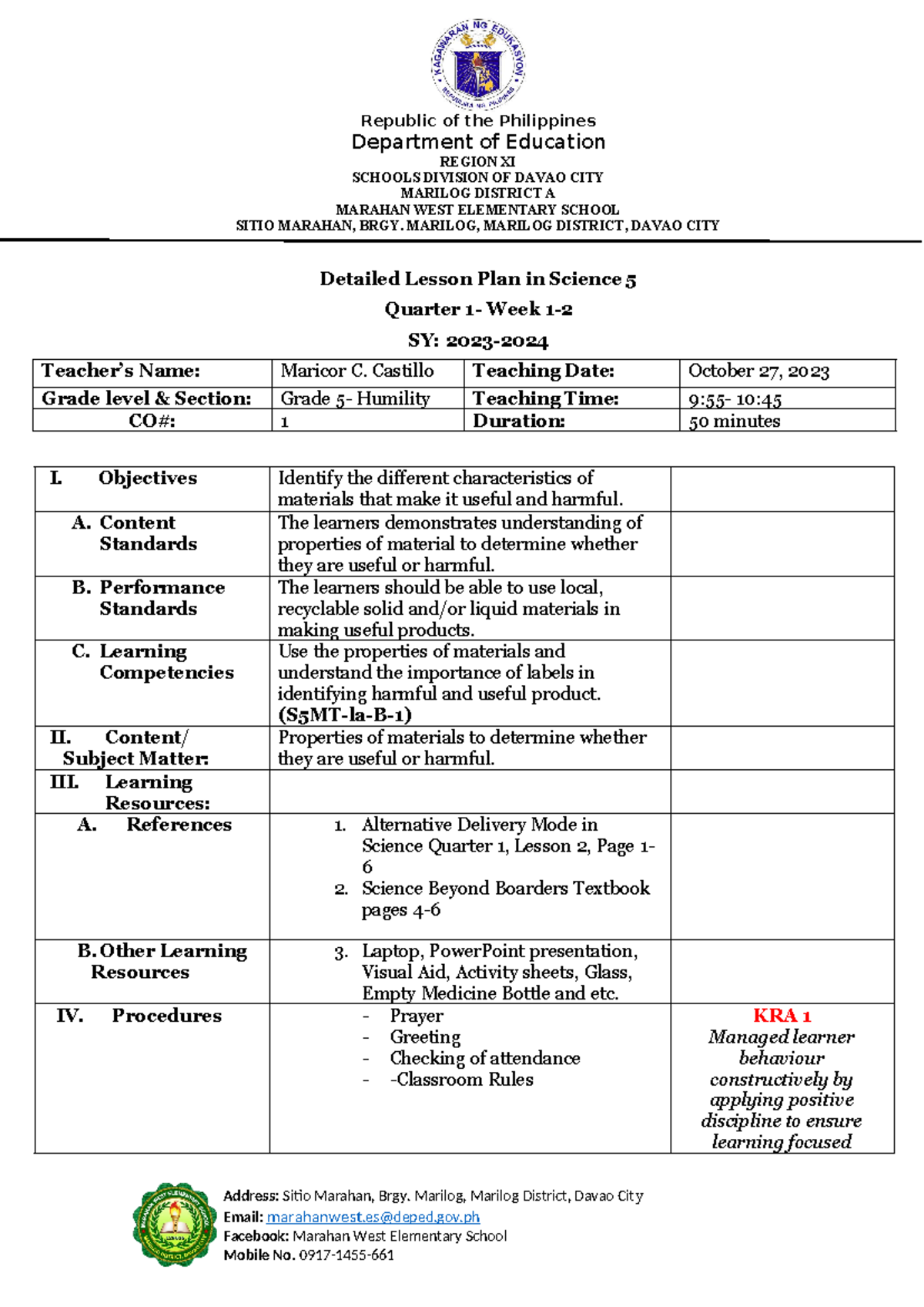 CO1 Science 2023-2024 - Department of Education REGION XI SCHOOLS ...