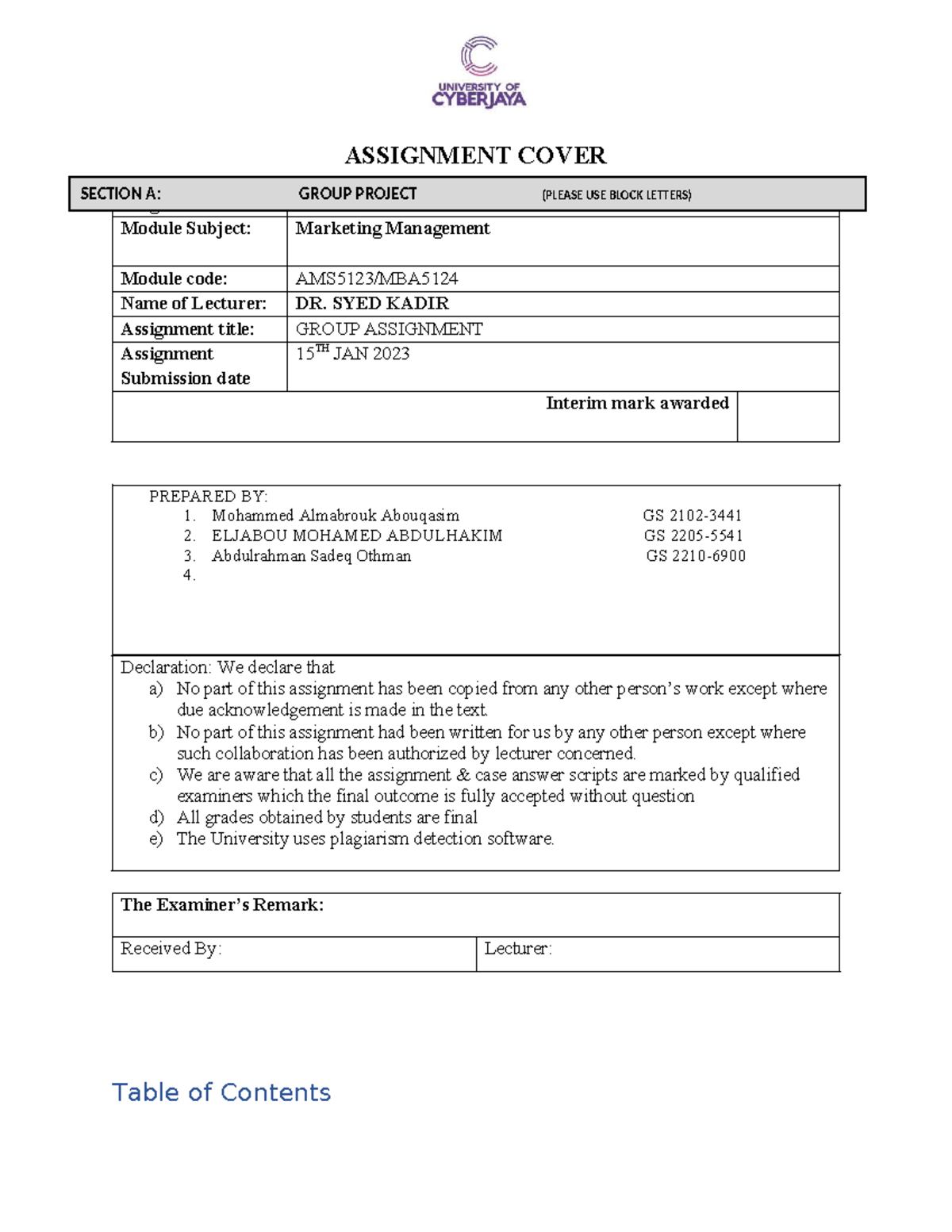 Marketing mangment group assigment - ASSIGNMENT COVER Programme MBA ...