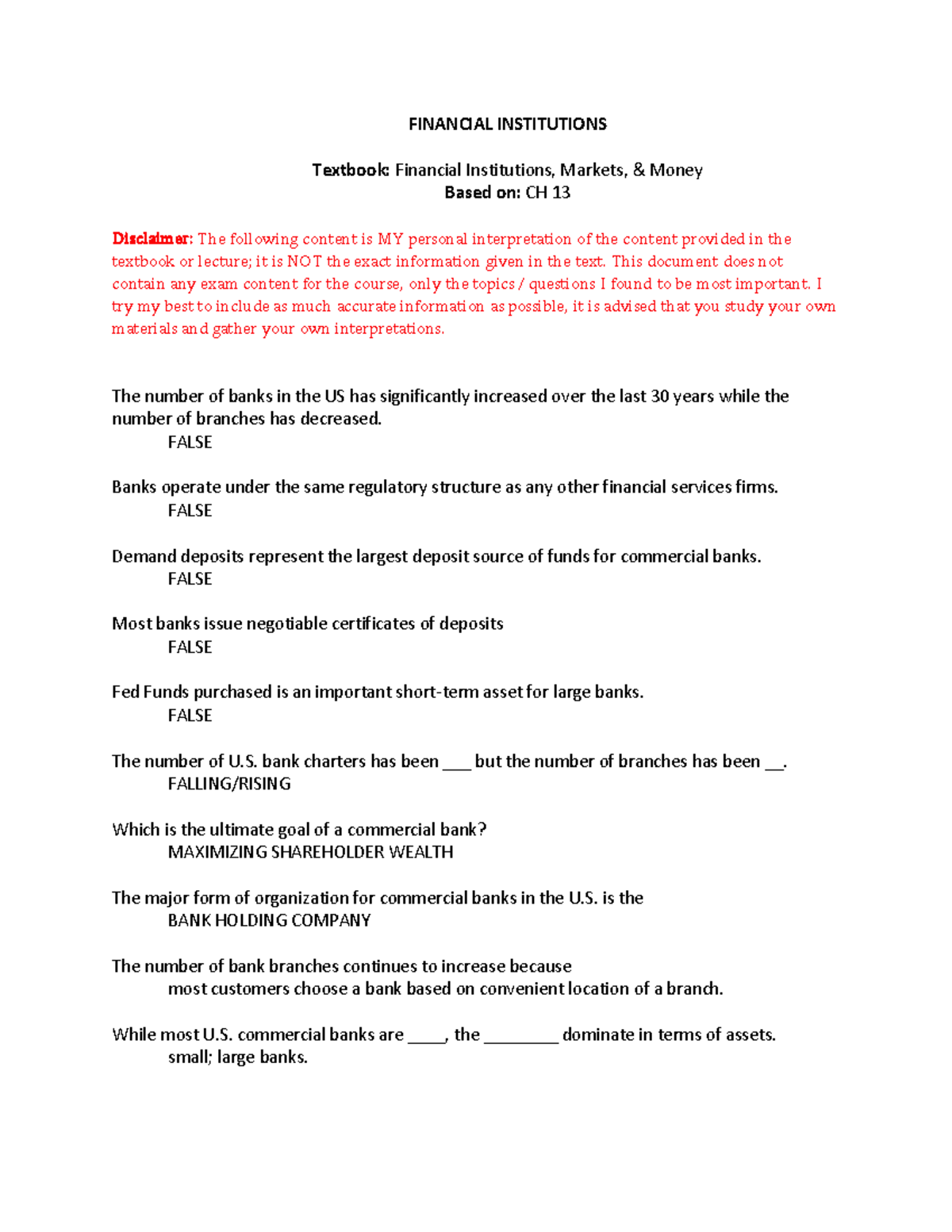 Financial Institutions - Questions - Chapters 13 - FINANCIAL ...