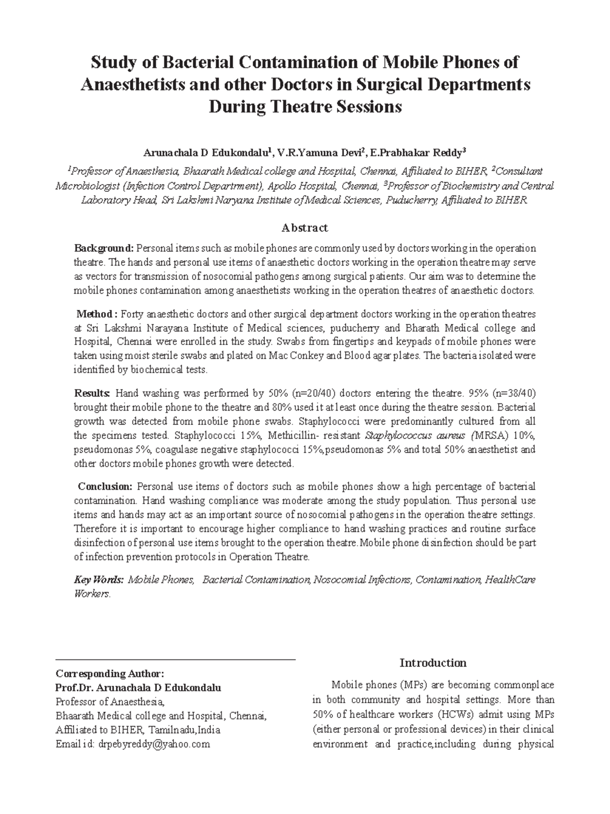RESEARCHfgdrewwd - Study of Bacterial Contamination of Mobile Phones of ...