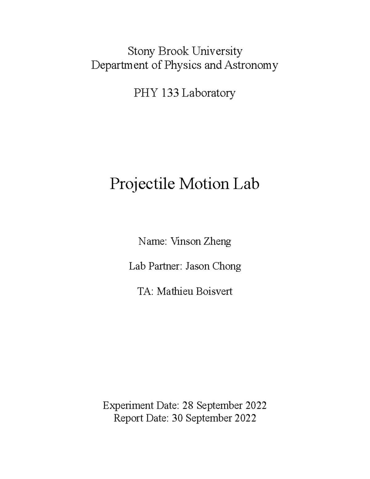 Projectile Motion Lab Report - Stony Brook University Department of ...