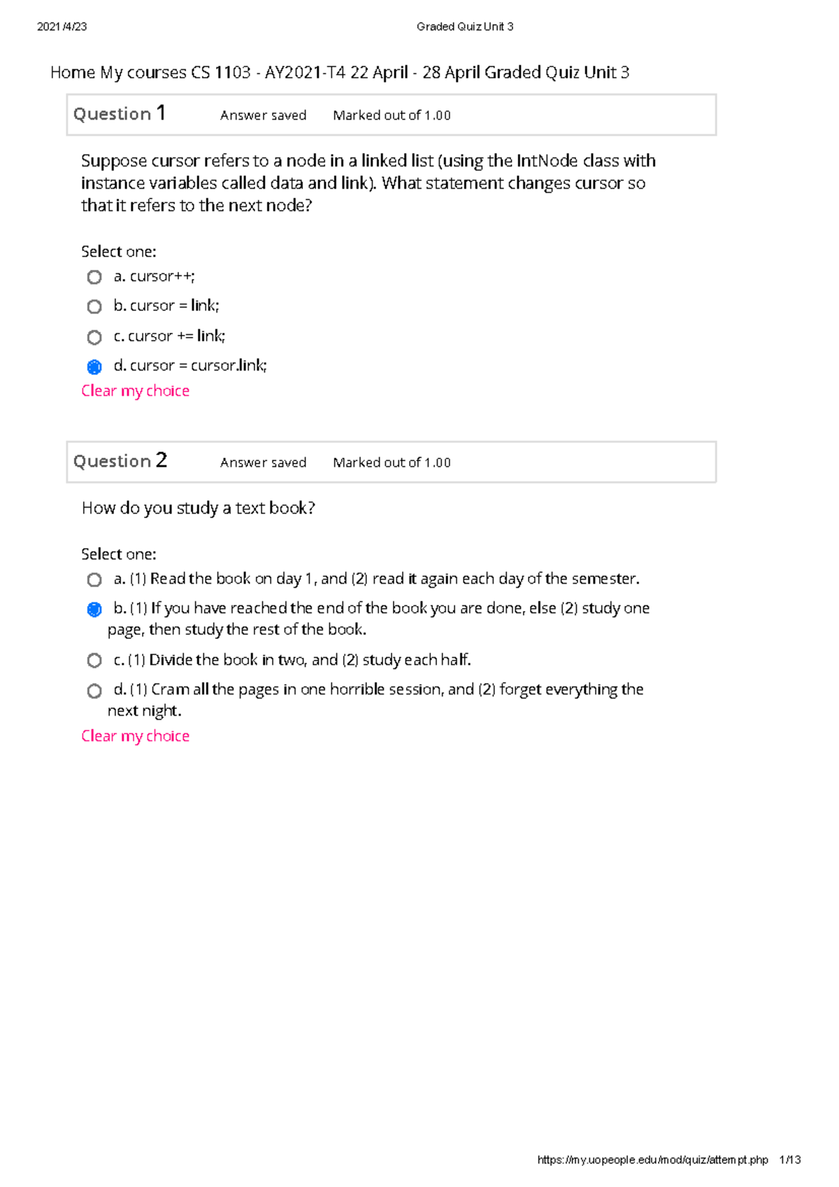Graded Quiz Unit 3 (ٍS) - my my my my my - Question 1 Answer saved ...