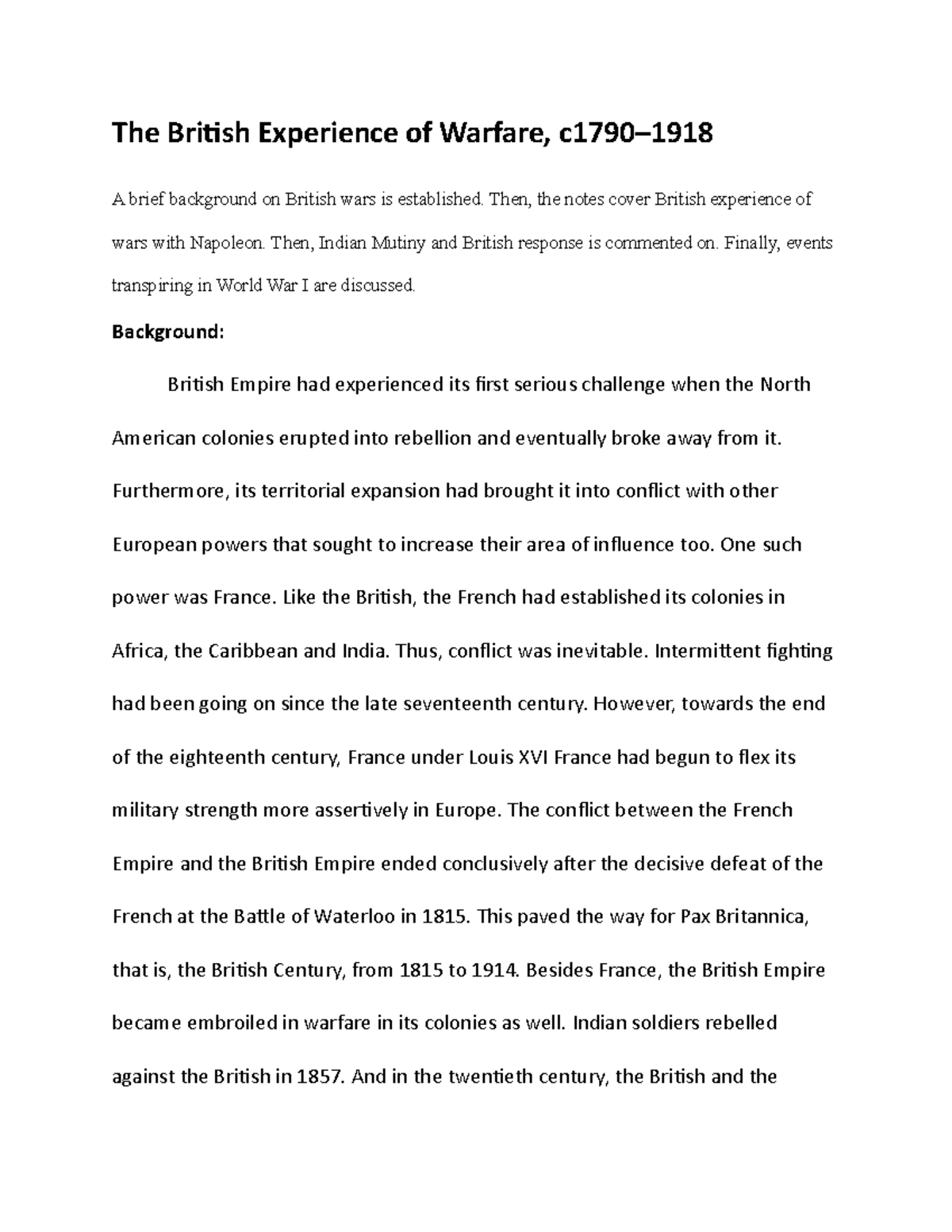 The british experience of warfare 1790 1918 1 - The British Experience ...