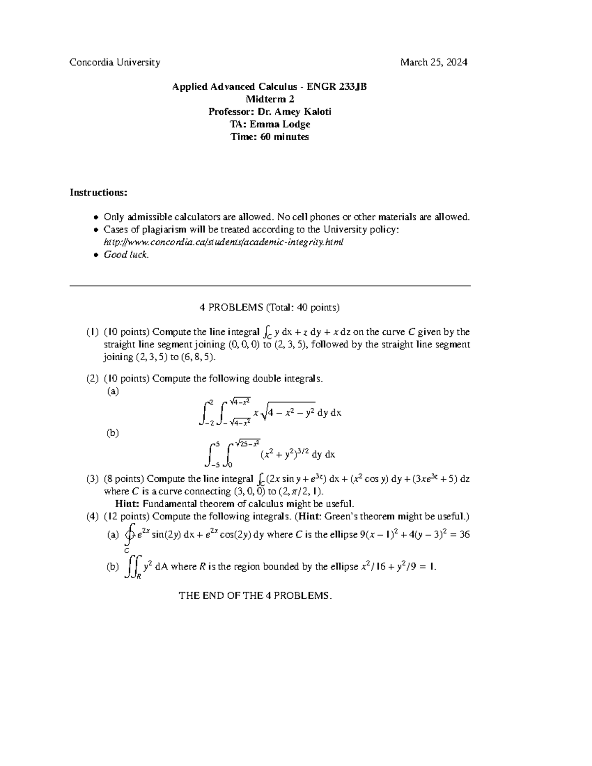 Midterm 2 ENGR 233 JB Winter 24 - Concordia University March 25, 2024 Applied Advanced Calculus ...