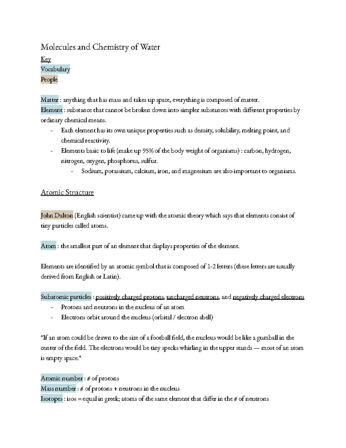 Biology 120 - Ch.2A (2.1-2.3) - Molecules and Chemistry of Water Key ...