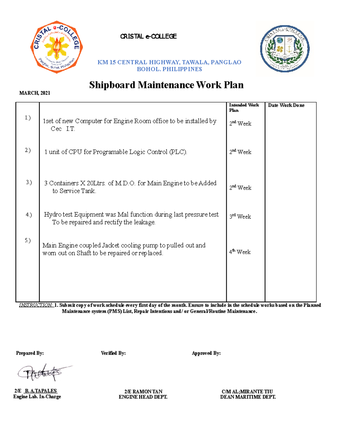 2. Shipboard maintenance work schedule. - CRISTAL e-COLLEGE KM 15 ...