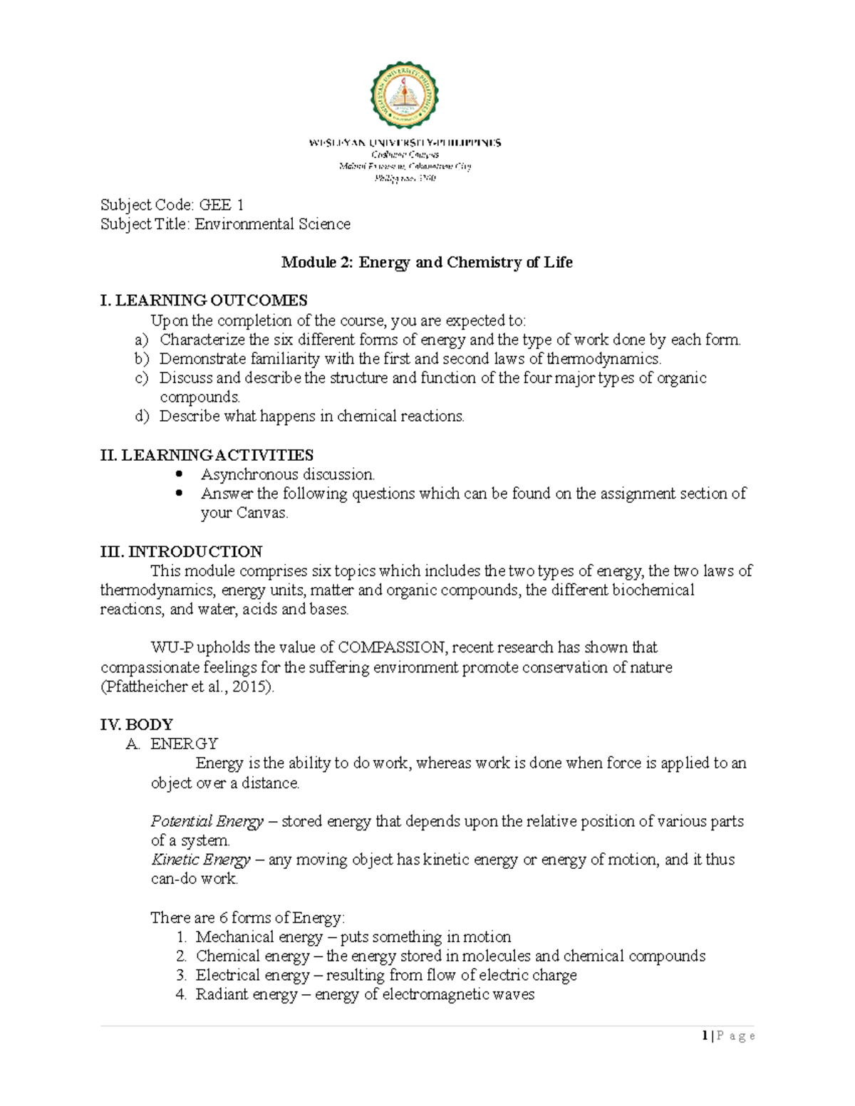chemistry and life - Subject Code: GEE 1 Subject Title: Environmental ...