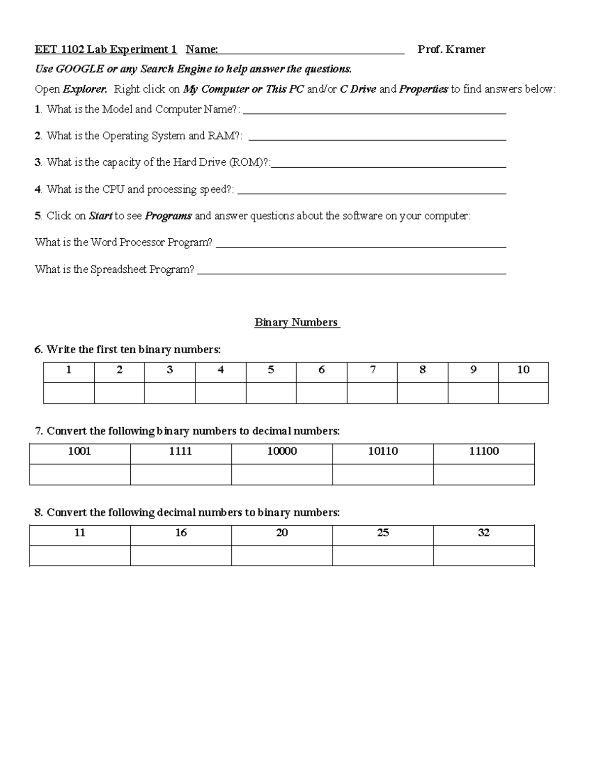 LAB 1 - Lab work - EET 1102 Lab Experiment 1 Name: Prof. Kramer Use ...